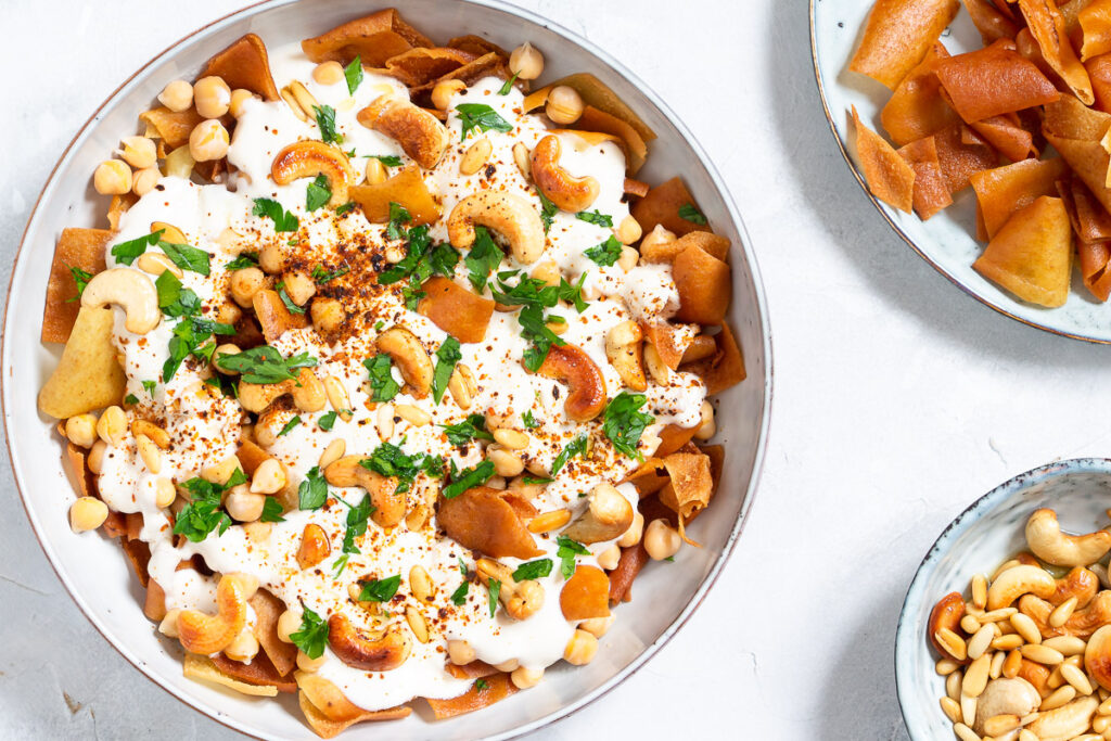 Vegan Fatteh (Chickpeas with Yogurt Sauce) - Cheap And Cheerful Cooking