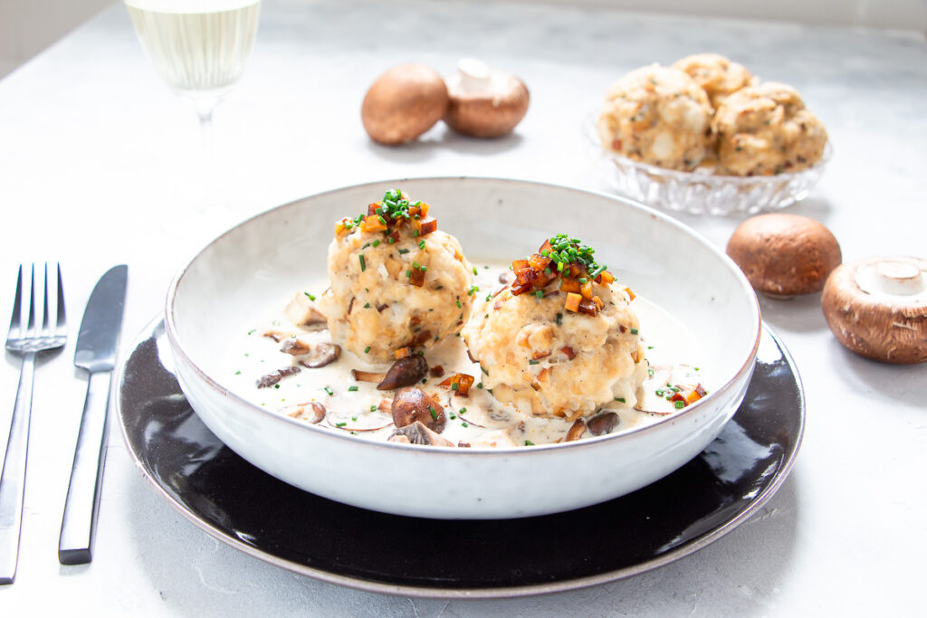 Vegan Tyrolean Bacon Dumplings with Mushroom Cream Sauce - Cheap And ...